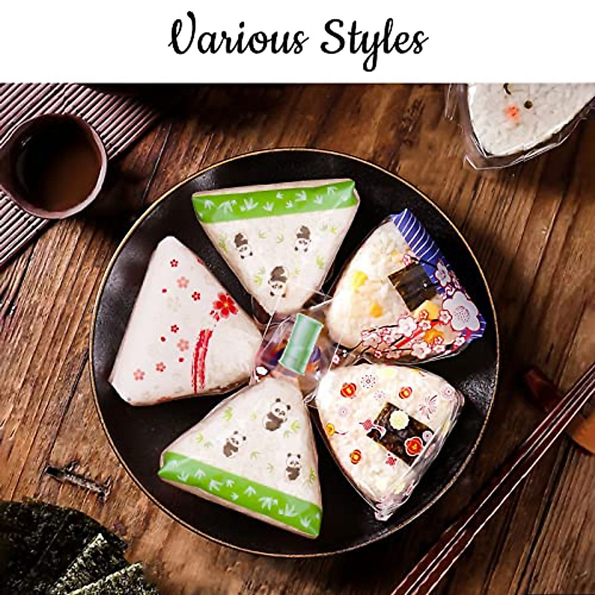 BRATA Triangle Onigiri Wrappers Plastic Rice Balls Bags, 100PCS Japanese Easy Tear Disposable Onigiri baggies with Stickers