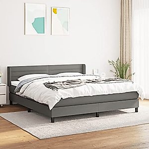 loibinfen King Size Box Spring Bed with Mattress Set, Included 1 x Bed Frame/1 x Headboard with Ears-A/1 x Mattress/1 x Mattress Topper, Dark Gray 76"x79.9" Fabric with Black Legs (Style D)