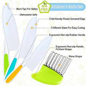 TAORISH 4 Pcs Kids Knife Set, Nylon Kitchen Knife with Crinkle Cutter, Serrated Edges Plastic Toddler Chef Knife for Real Cooking & Cutting Fruit Bread