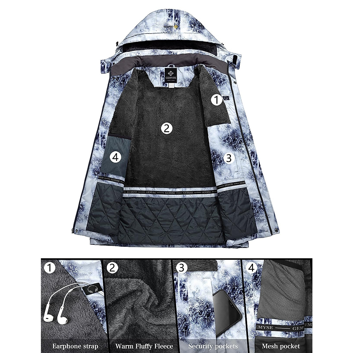 GEMYSE Men's Mountain Waterproof Ski Snow Jacket Winter Windproof Rain Jacket (White and Grey,Medium)