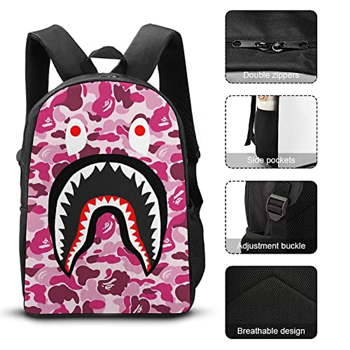Shark Face Camo Pink Backpack Ba&p_e 3 Piece Set with Lunch Box Pencil Case Laptop Daypack Bookbag for School Travel