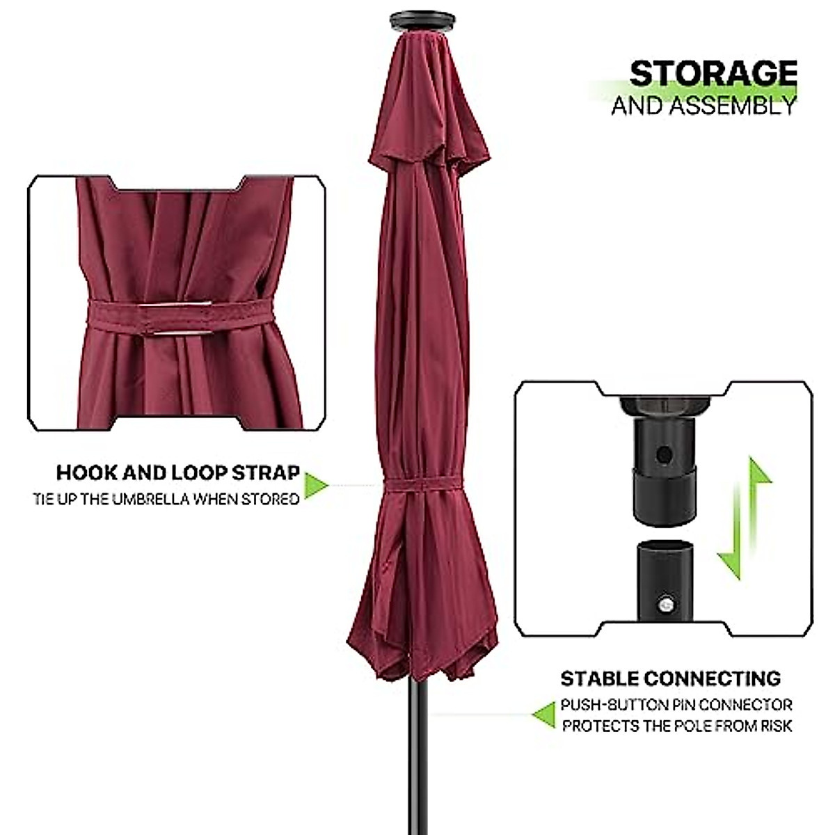 Magshion 9FT Solar Patio Umbrella with 32 LED Lights, Outdoor Market Umbrella with 8 Steel Ribs & Crank Lift, Windproof Sunshade for Garden, Deck, Backyard & Pool (Burgundy)