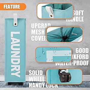 Caroeas X-Large Slim Laundry Baskets 27" Tall with Leather Handle (7 Colors), Laundry Basket on Wheels, Collapsible Laundry Hamper, Rolling Hamper Dorm Baskets