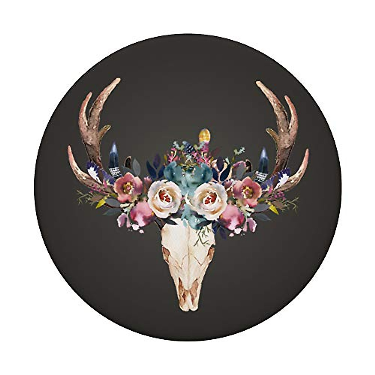Artsy Watercolor Flower Wreath Bouquet Deer Skull on Black PopSockets PopGrip: Swappable Grip for Phones & Tablets