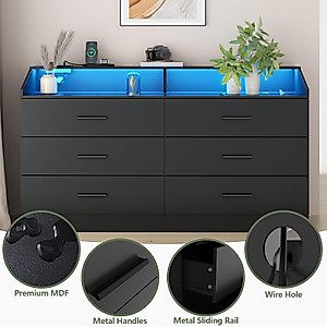 Gyfimoie 6 Drawer Dresser with Power Outlet, Chest of Drawers with LED Light, Modern Dresser with Open Storage Cubby, Double Wide Dresser Organizer for Bedroom, Living Room, Entryway, Hallway