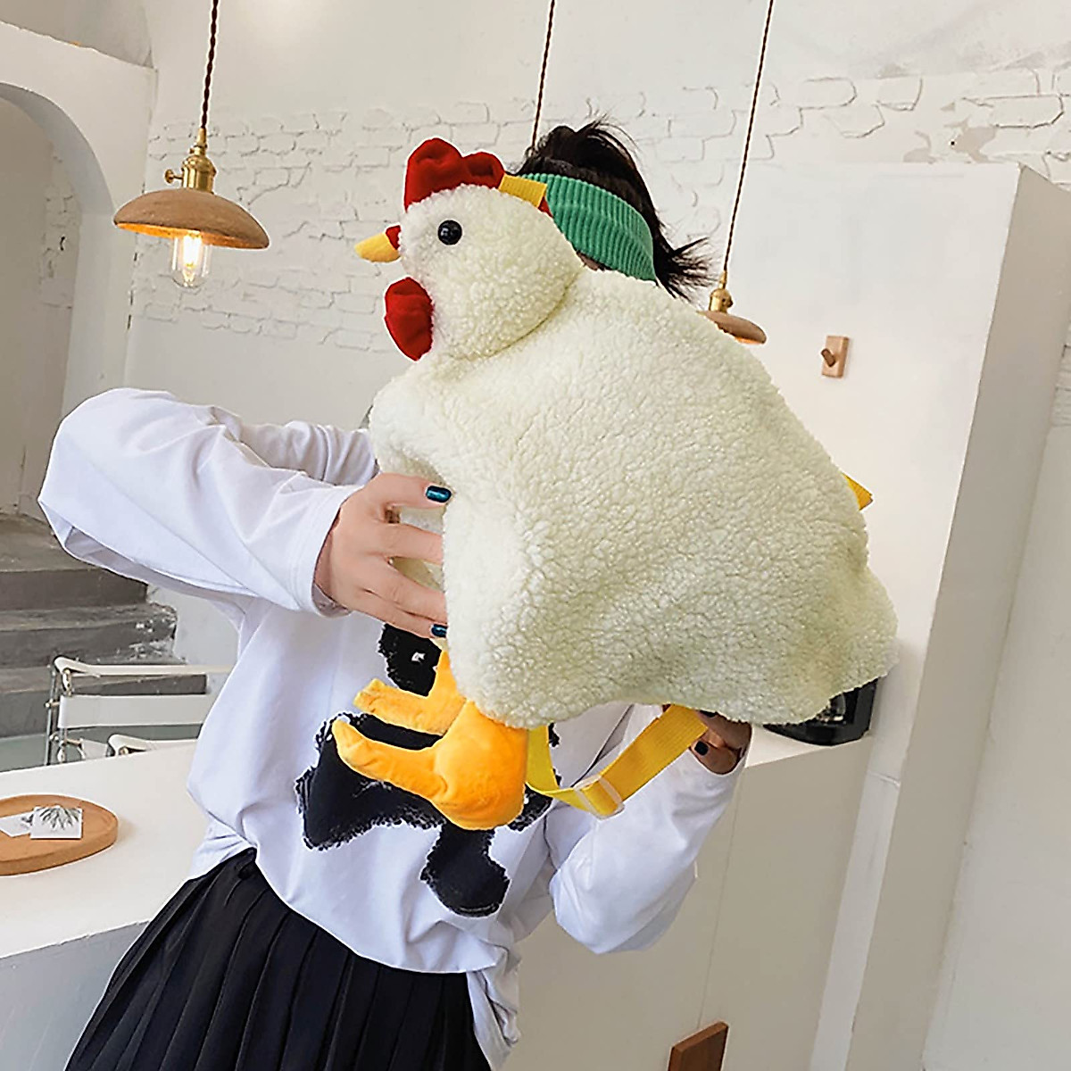 HENAA Cute Plush Crossbody Chicken Bag,Girls Women Funny Shoulder Cell Phone Wallet,Cute Cartoon Plush Purse Handbag Crossbody Shoulder Bag, White