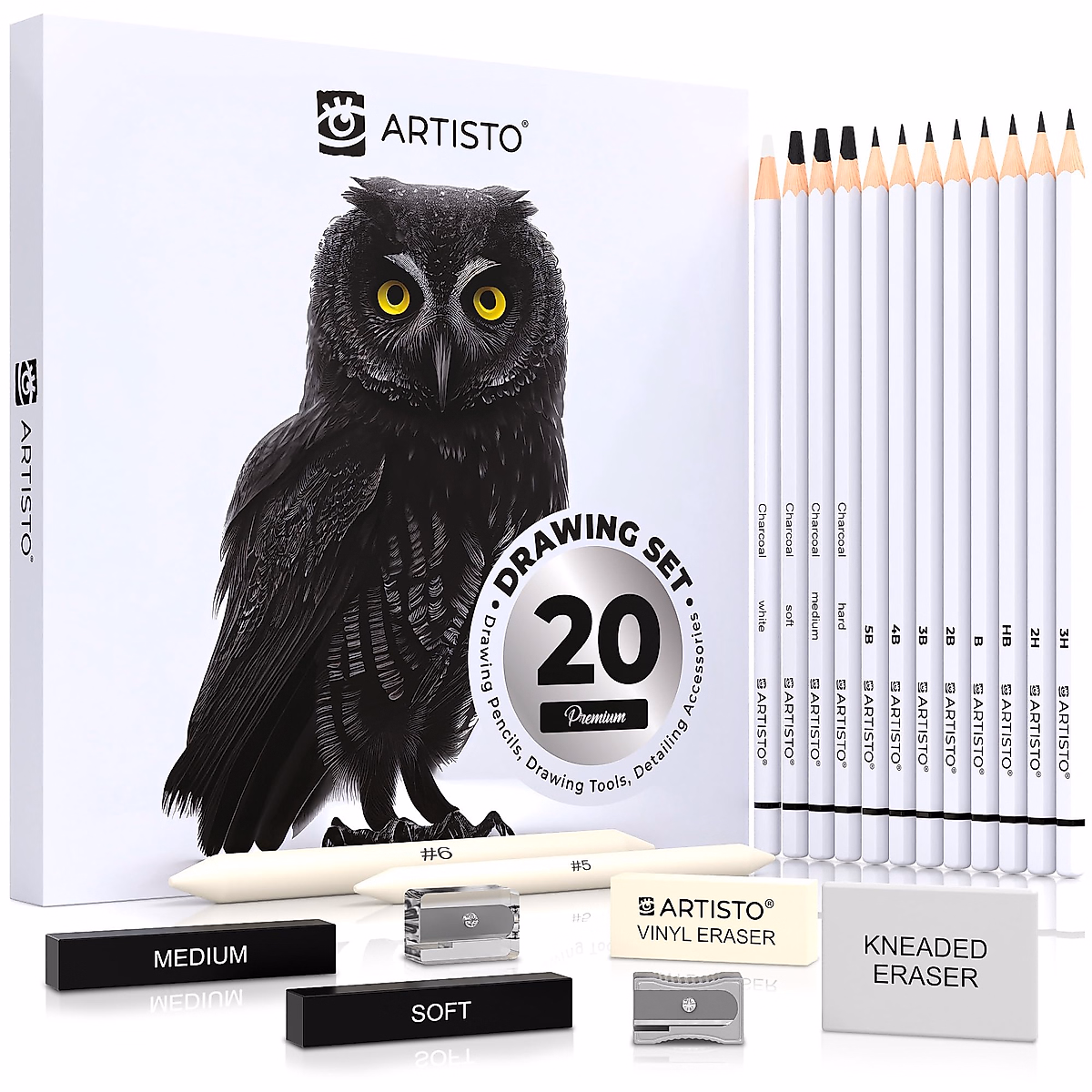 Artisto Drawing and Sketching Pencil Art Set (20 Items) - Complete Kit with Graphite Pencils, Charcoal Pencils, Sticks, Blending Stumps, Erasers, and Sharpeners