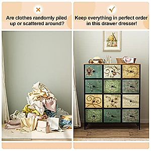 AOPSEN 12 Drawer Dresser, Tall Dressers for Bedroom with Storage Drawer, Wide Chest of Drawers for Bedroom, Wooden Top and Metal Frame, Modern Bedroom Dresser for Clothes Closet Kids Living Room