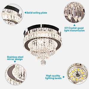 Dimmable Crystal Chandeliers 11.8" LED Flush Mount Modern Ceiling Light Fixtures for Bedroom Dining Room Hallway (2700K/4000K/6500K)