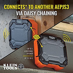 Klein Tools AEPJS3 Bluetooth Jobsite Speaker With Magnet and Hook, 20-Hr Run Time, Charge Devices Via USB A or C Ports, Daisy Chain for Pairing, Hands Free Capable, IP54 Dust and Water Resistant