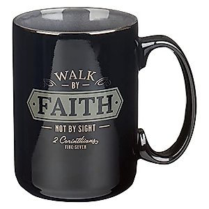 Christian Art Gifts Large Ceramic Bible Verse Coffee & Tea Mug for Men: Walk by Faith - 2 Corinthians 5:7 Inspirational Scripture, Non-toxic & Lead-free Novelty Drinkware, Black/Gray w/Silver, 14 oz.