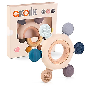 akolik Baby Teething Toys for Babies 0-6 6-12 Months Rudder Teether BPA Free with Wooden Ring Silicone Chewable Teether Help with Teething Pain Relief (Helm A)
