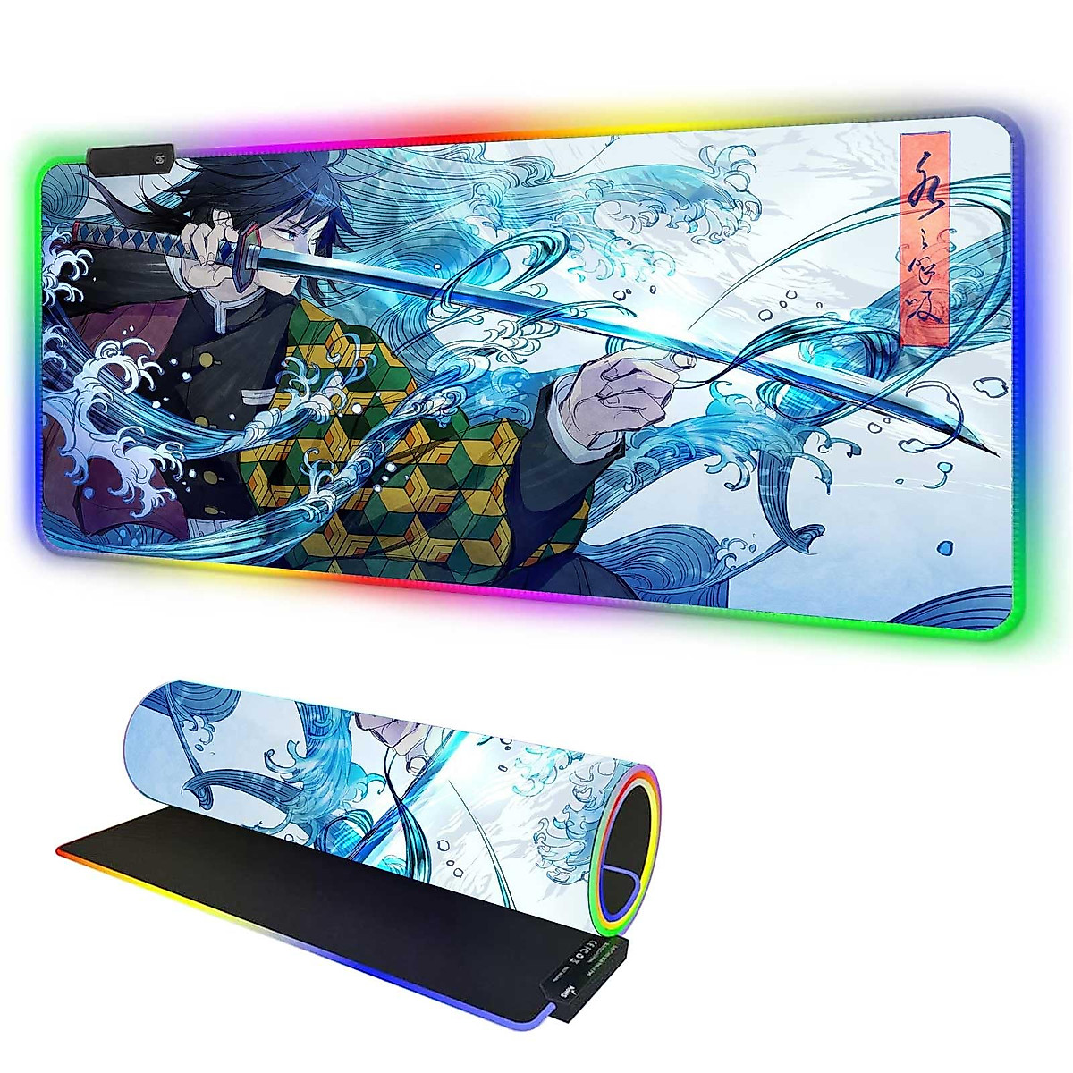 RGB Large Gaming Mouse Pad Anime Giyu Sword,Laptop Desk Pad,Mousepad with Stitched Edge Frame & Non-Slip Rubber Base,Computer Keyboard and Mice Pads Mouse Mat 31.5X15.7