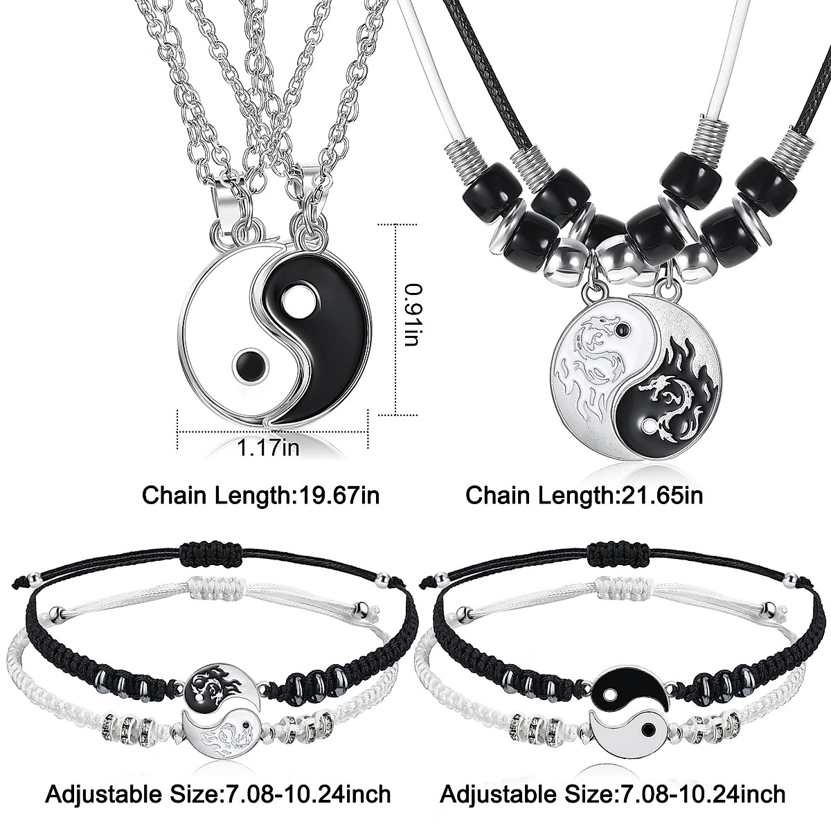 8 Pieces Matching Yin Yang Pendant Necklace Bracelet Set Couple Necklace Adjustable Cord Bracelet Black White Bracelet Accessories for BFF Friendship (Chic Style)