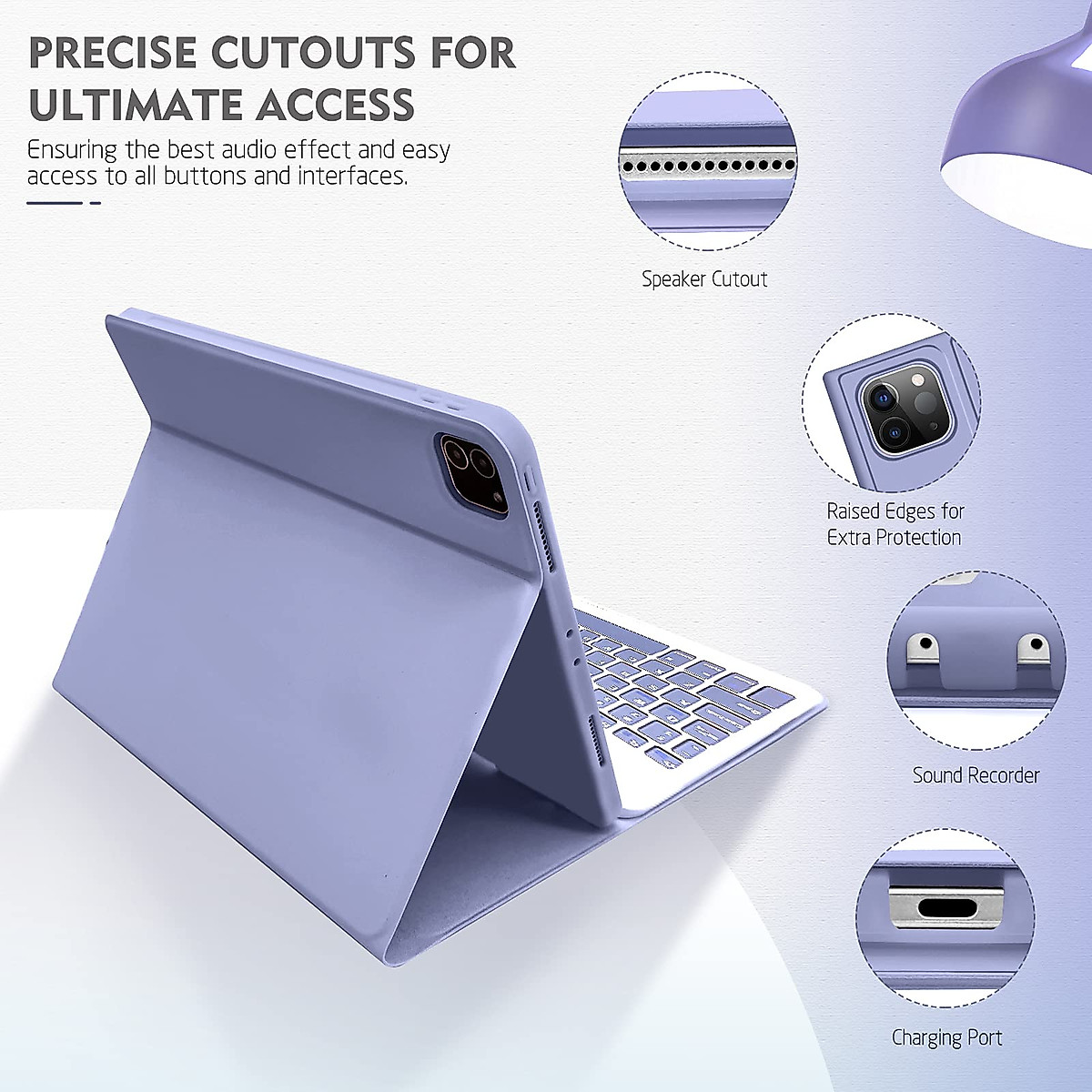 ABEIFAN iPad Pro 11 inch Case with Keyboard, Wireless Detachable Keyboard for iPad Pro 11-inch 4th 2022/ 3rd 2021/2nd 2020 with Pencil Holder, Grey Purple