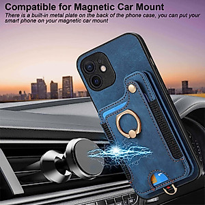 JanCalm for iPhone 12 Cases Wallet Card Holder 2023,Ring Holder Stand,RFID-Blocking,Wrist Strap,Camera Lens Protector,Leather Magnetic Protective Flip Cover for iPhone Case 12 (6.1", Blue)