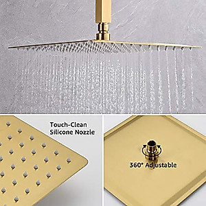 Iriber Champagne Bronze Ceiling Mount Rain Shower System with 12 Inch Shower Head and Handheld Bathroom Brushed Golden Shower Set Contain Shower Faucet Mixer Brush Gold Trim Kit (Valve Included)