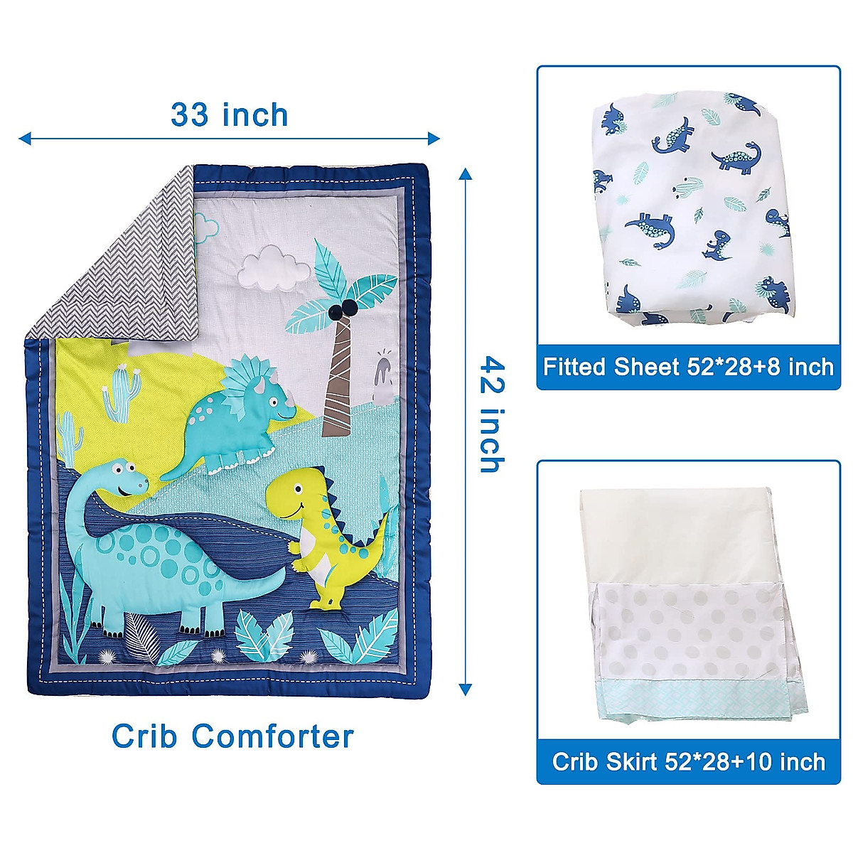 Wowelife Crib Bedding Set for Boys and Girls Blue, Premium 3-Piece Baby Bedding Set Dinosaurs, Nursery Crib Set, Breathable and Soft for Baby