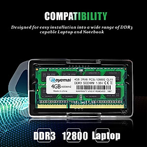 4GB DDR3 / DDR3L 1600MHz SODIMM RAM, Royemai PC3L-12800 2Rx8 1.35V 1.5V CL11 204-pin Notebook Laptop RAM Memory Module