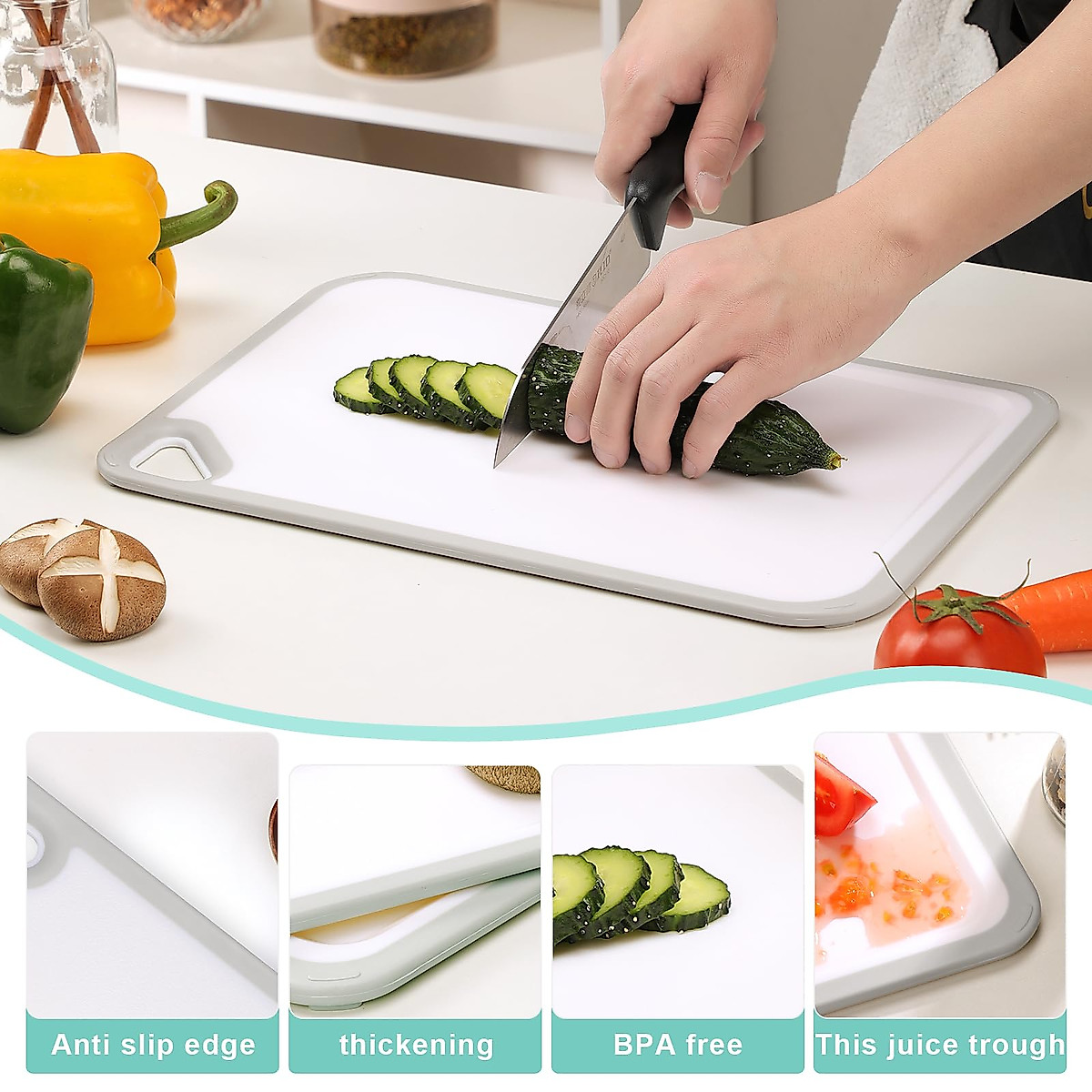 Bouaida Cutting Board, BPA Free Plastic Cutting Board, Non Slip Cutting, Juice Grooves, Hanging, Dishwasher Safe, Sturdy and Durable Kitchen Cutting Board Set (White Set)