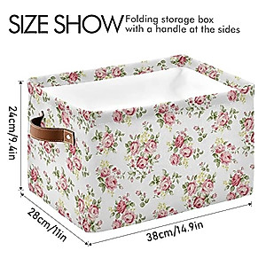 senya Large Foldable Storage Basket with Handles, Pink Rose Flower Floral Fabric Collapsible Storage Bins Organizer Bag for Baby Storage Toy Storage 15 x 11 x 9.5 inch