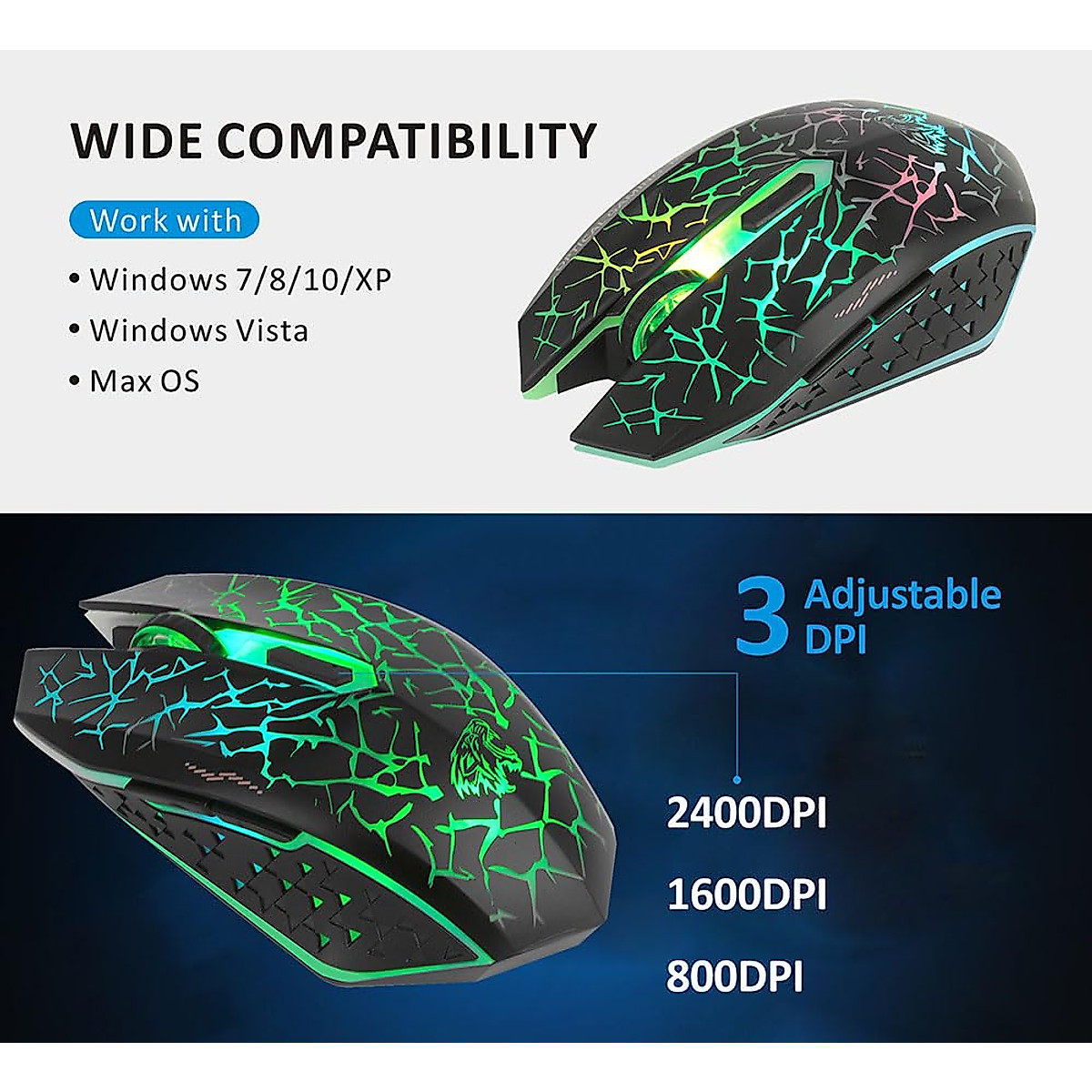 Uciefy Q8 Wireless Gaming Computer Mouse, 2.4GHz USB Optical Rechargeable Ergonomic LED Wireless Silent Mouse, 3 Adjustable DPI, 6 Buttons, Compatible with PC, Laptop, Notebook, Desktop (Black)