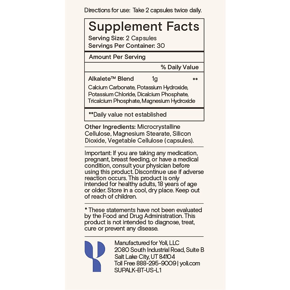 Yoli Alkalete - Calcium and Magnesium Supplement - Reduces Excess Acid - 60 Capsules/Count