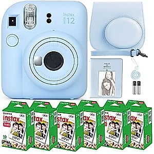 Fujifilm Instax Mini 12 Camera with Fujifilm Instant Mini Film (60 Sheets) Bundle with Deals Number One Accessories Including Carrying Case, Photo Album, Stickers (Pastel Blue)