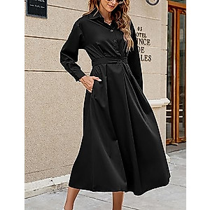 Ladyful Elegant Cotton Shirt Dress for Women A-line Long Sleeve Maxi Dress Black
