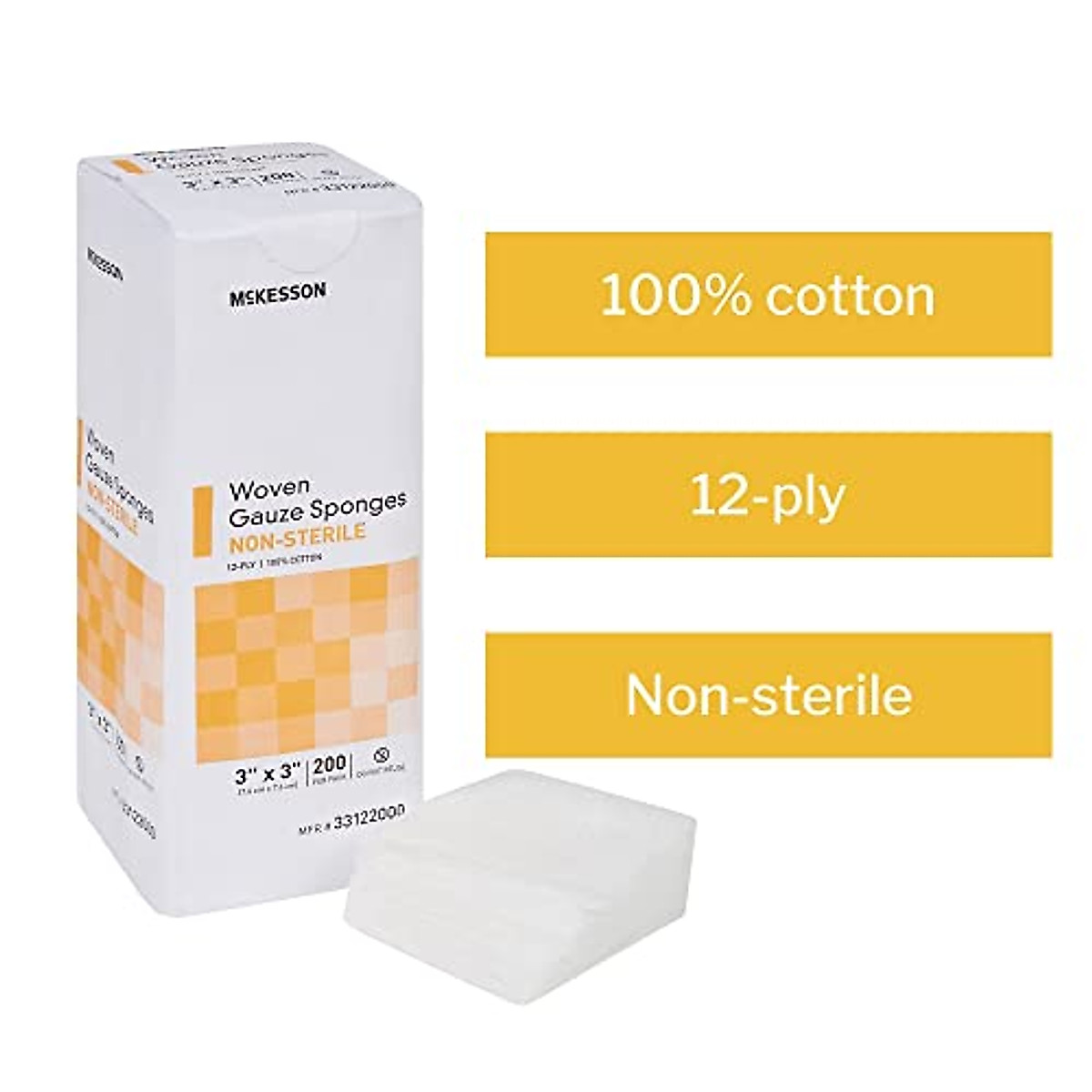 McKesson Woven Gauze Sponges, Non-Sterile, 12-Ply, 100% Cotton, 3 in x 3 in, 200 Per Pack, 20 Packs, 4000 Total