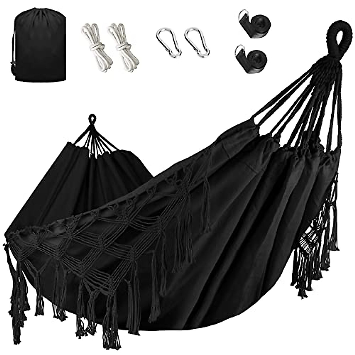 Bellzacasa Double Hammock, Heavy Duty 500 lb Load Capacity Tassels and Fishtail Knitting with Mounting Straps for Outdoor Camping Patio Balcony Black