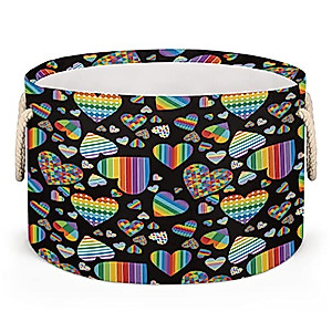 Rainbow Hearts Lgbt Pridge Large Round Baskets for Storage Laundry Baskets with Handles Blanket Storage Basket for Bathroom Shelves Bins for Organizing Nursery Hamper Girl Boy
