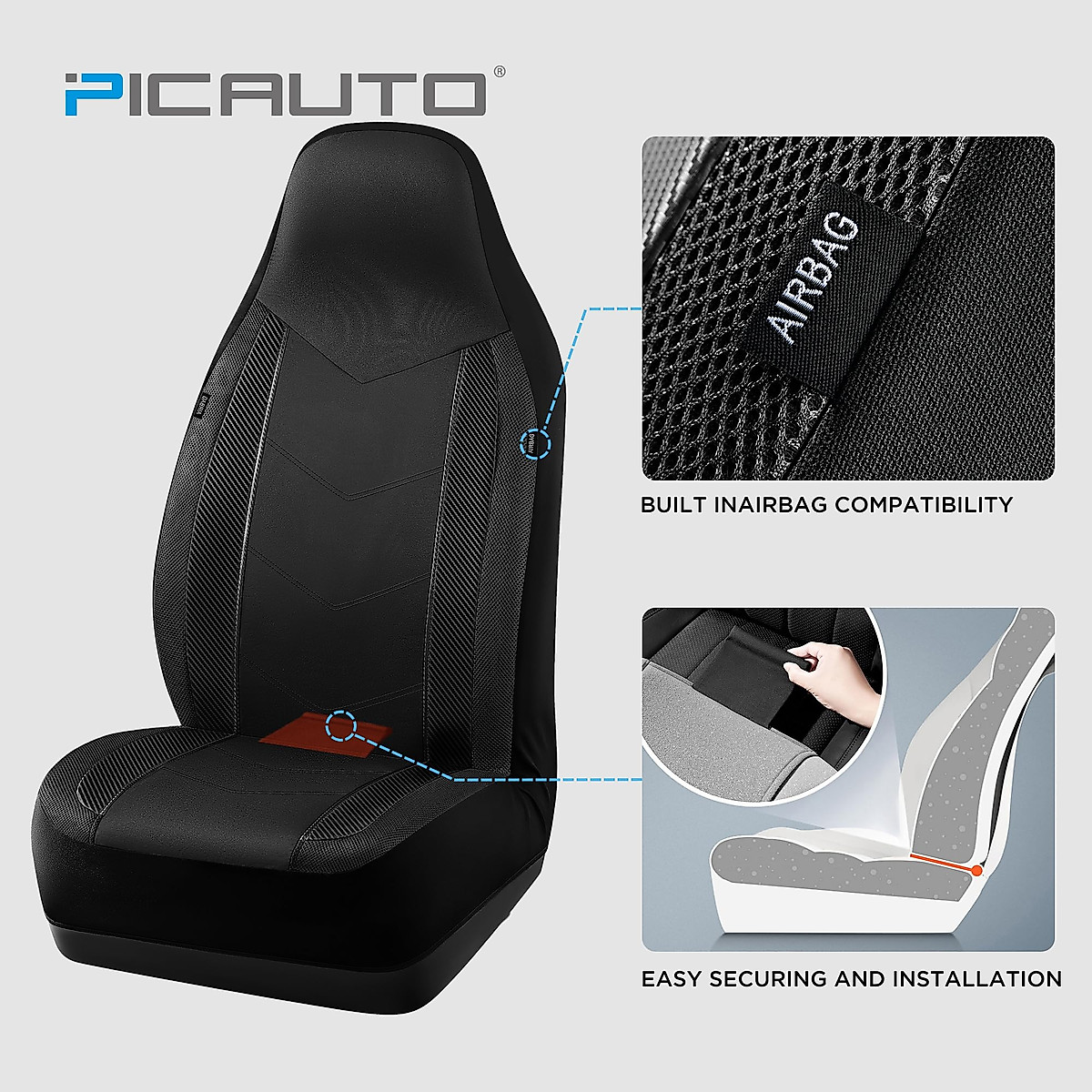 PIC AUTO High Back Front Car Seat Covers - Sports Carbon Fiber Mesh Design, Universal Fit, Airbag Compatible (Black)