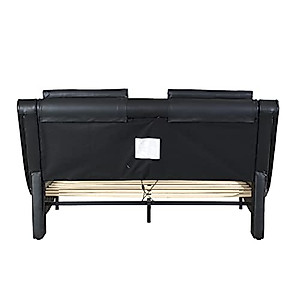 Upholstered Faux Leather Queen Size Bed Frame with LED Lighting,Bluetooth Connection and Backrest Vibration Massage , Queen Bed with Curve Design and Wood Slat Support for Teens Adults ,Black