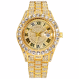 LGXIGE Mens Ice Out Watches Big Rocks with Roman Numerals Fully Colorful Dial Gold Watch (Gold)