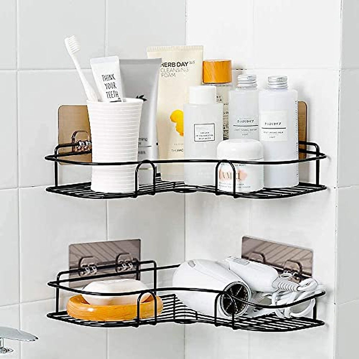 Corner Shower Caddy Bathroom Storage Organizers,2 Packs Shower Caddies Shower Shelves Wall Hanging Organizer Shampoo Holder with 4 HooksRust Proof Stainless Steel Storage Racks (Black)