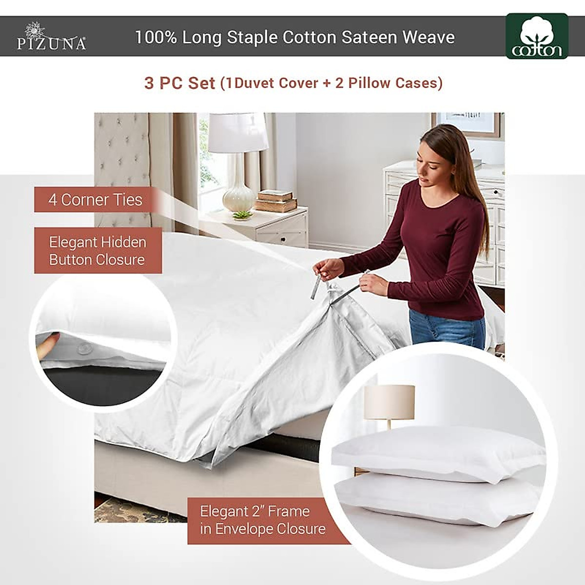 Pizuna 100% Cotton Duvet Cover Queen Size White, 400 Thread Count Long Staple Cotton Cooling Duvet Cover, Sateen Queen Quilt Cover with Hidden Button Closure (White Duvet Cover Queen)