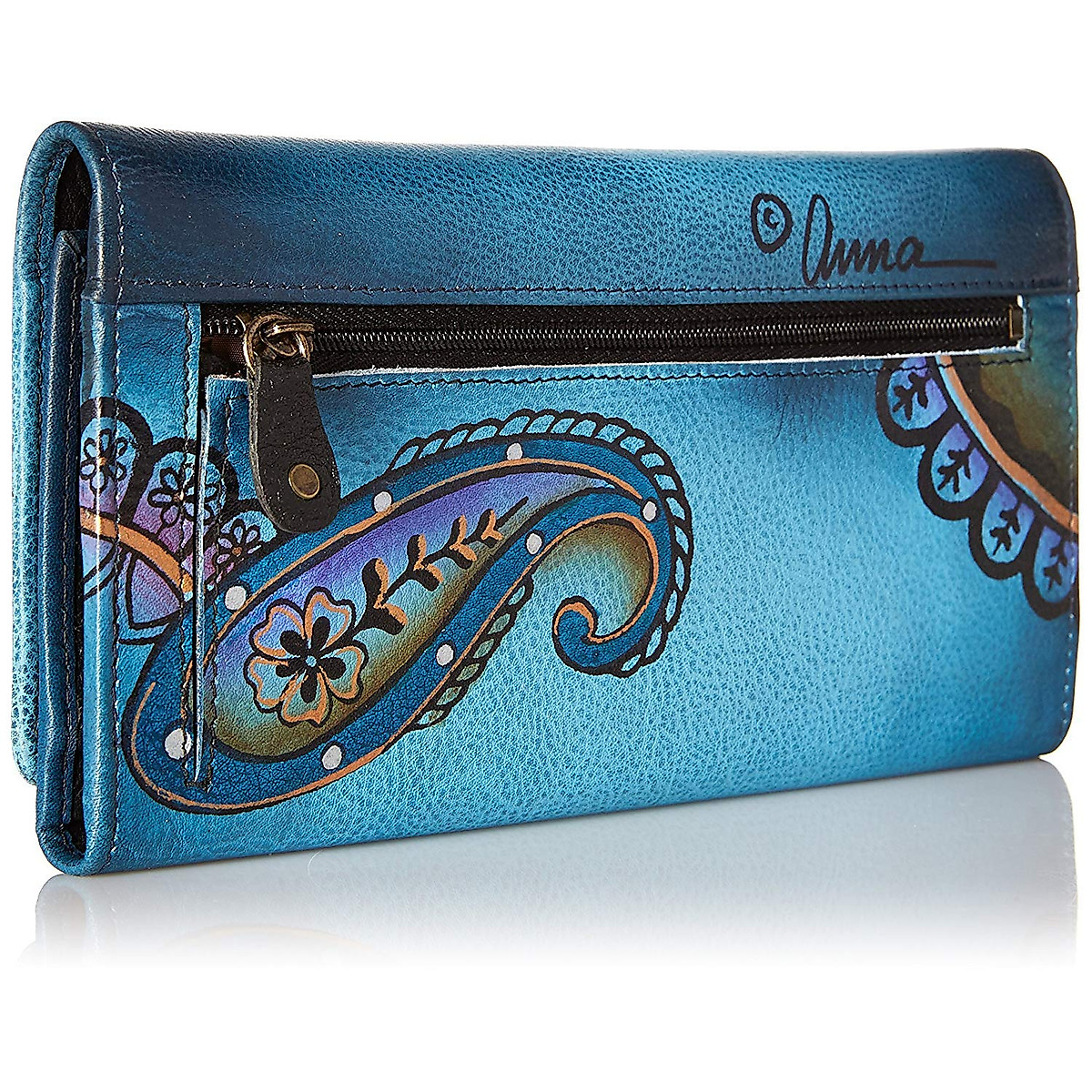 Anna by Anuschka Women's Hand Painted Genuine Leather Multi Pocket Wallet - Denim Paisley Floral