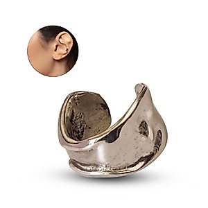 Handmade Single Wide Band Adjustable Ear Cuff, Sterling Silver Clip On Ear Cuffs Non Piercing Huggie Earrings for Women, Wide A-Symmetrical Curved Band Dainty Fake Ear Cartilage Clips, By MiYa Jewelry