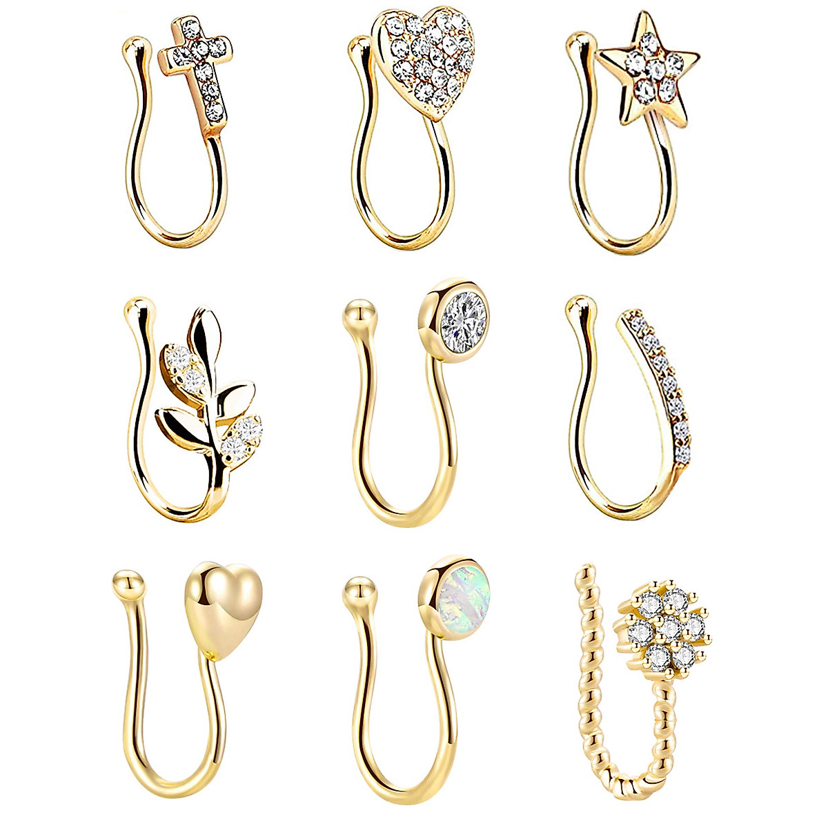 Masedy 9Pcs Fake Nose Rings Hoop Clip On Faux Setump Cartilage Tragus Ring Non Piercing Jewelry G