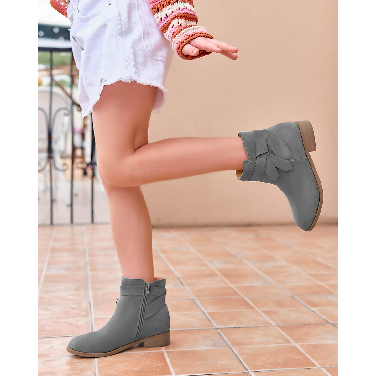 PiePieBuy Kids Girls Tie Knot Ankle Boots Chunky Low Block Heel Chelsea Dress Booties Winter Shoes With Zipper,Grey, Size 13 Little Kid