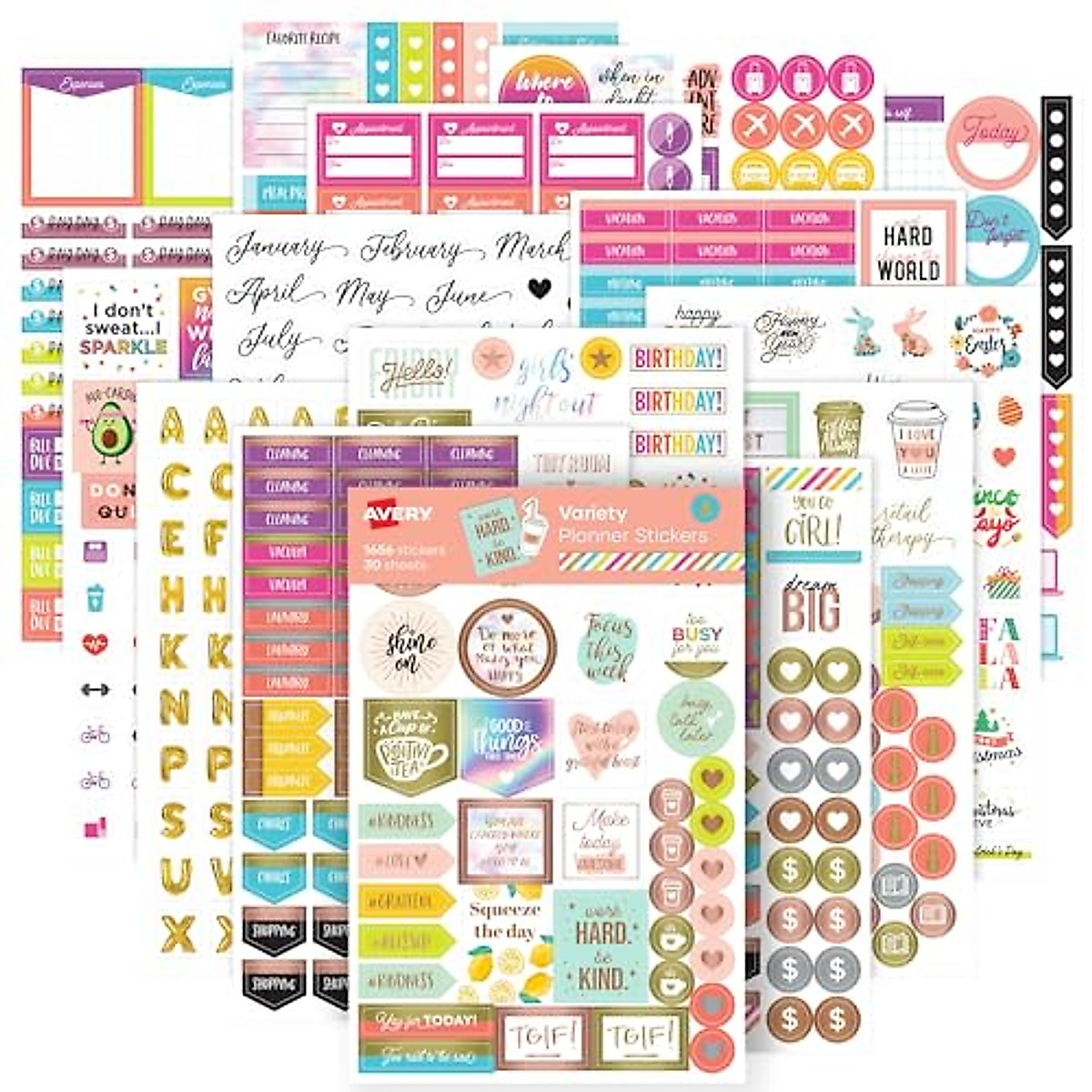 Avery Planner Stickers Variety Pack, 30 Sheets of Stickers, Set of 1,656 Productivity Stickers for Your Planner, Journal or Calendar (6785)