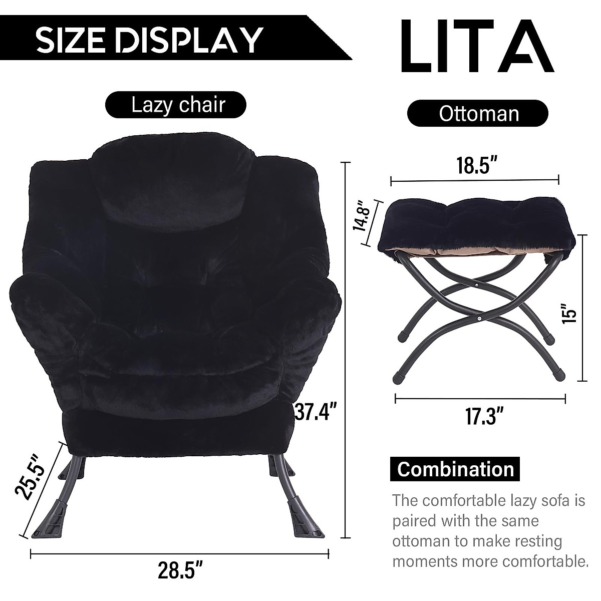 LITA Lazy Chair with Ottoman, Modern Accent Leisure Upholstered Sofa Chair, Lounge Reading Chair with Armrests and a Side Pocket for Living Room, Bedroom & Small Space, Plush Black