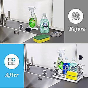 FUMAX Kitchen Sink Caddy Organizer, Sponge Holder for Kitchen Organization, Dish Brush Soap Dispenser Holder with Drain Tray, Rustproof Stainless Steel Kitchen Soap Holder for Countertop