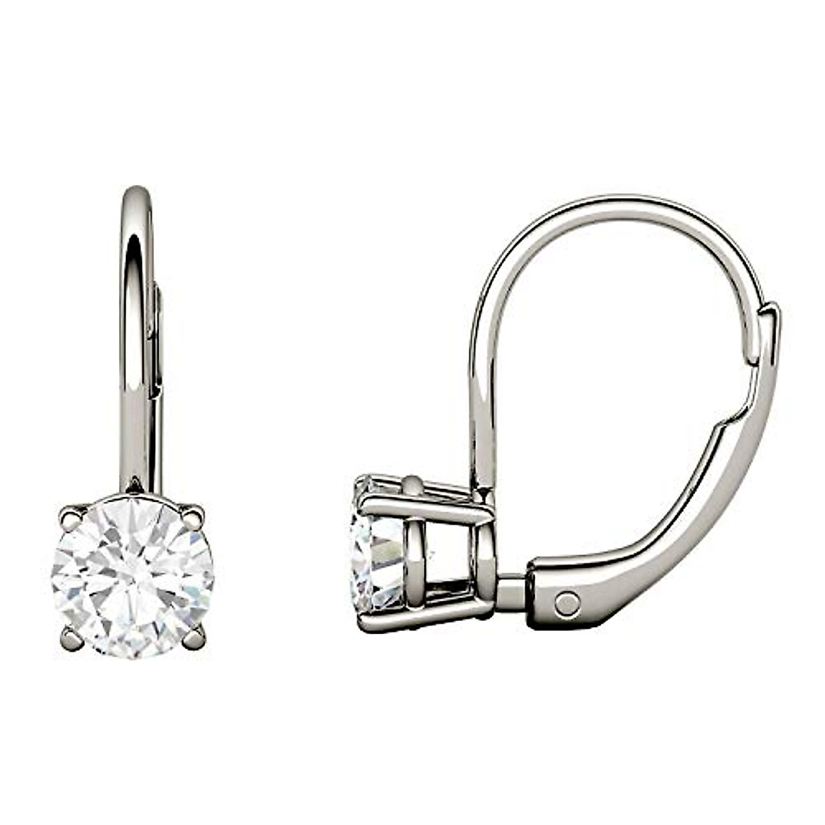 Charles & Colvard Created Moissanite 5mm Round Cut Leverback Drop Earrings for Women | 1 cttw DEW | Lab Grown | Solid 14K White Gold with Rhodium