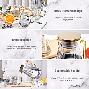 DUJUST Black Diamond Glass Pitcher with Lid & Spout (68 oz), Modern Design Water Pitcher with Handle, High Durability Glass Jug for Fridge, Glass Carafe for Iced Tea/Juice/Beverage/Coffee/Drinks