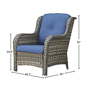 HUMMUH Outdoor Wicker Chairs PE Rattan Patio Dining Chairs Set of 2 High Back Curved Armrest Porch Chairs with 4 inch Seat Cushions (Grey Chairs with Blue Cushions, 35‘’D x 31''W x 35''H)