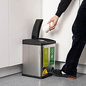 Mind Reader 2-Section Stainless Steel Recycle Bin 24 Liter/ 6.5 Gallon, Metal Recycling Bin