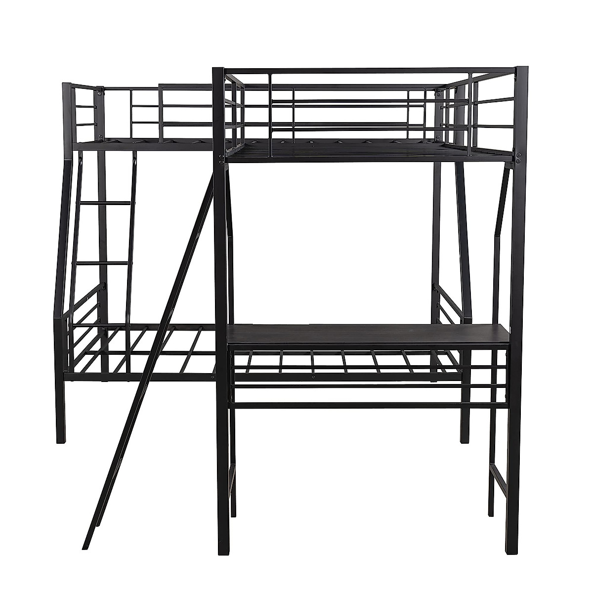 Twin Over Full Bunk Bed, L-Shaped Metal Triple Bunk Bed Frame Attached Twin Loft Bed with DeskLadderGuardrails, 3 Bed Bunk Beds for KidsTeens LF, Black