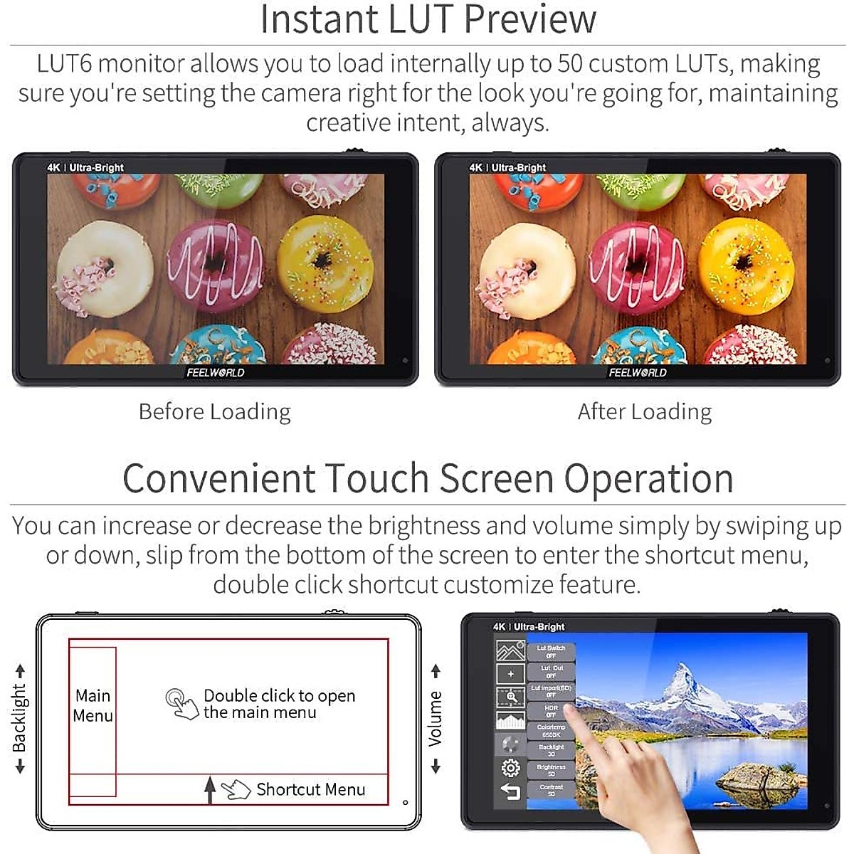 FEELWORLD LUT6 6 Inch 2600nits HDR 3D LUT Touch Screen DSLR Camera Field Monitor with Waveform VectorScope Histogram 4K HDMI Input Output 1920X1080 IPS Panel